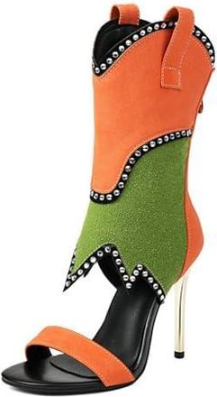 Generic Sandales de gladiateur &agrave; paillettes et strass pour femme - Bout ouvert - Talon aiguille - Fermeture &eacute;clair dans le dos - Chaussures western, Orange, 4