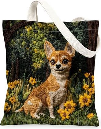 Generic Sac fourre-tout en toile motif chien chihuahua printanier 33 x 38,1 cm, style tricot&eacute;, sac d&eacute;picerie r&eacute;utilisable pour femme, peinture esth&eacute;tique, d&eacute;c
