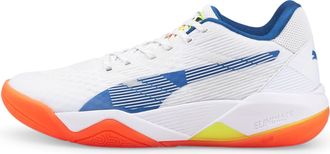 Puma Unisexs Eliminate Power Nitro Hallenschuh, Puma White Mykonos Blue Yellow Alert Neon Citrus, 42.5 EU