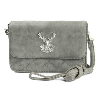 Enzianblau Trachten: Tasche in Wildleder-Optik mit Hirschbrosche Glitzer, Trachtencluch, Oktoberfest Tasche zum Dirndl (grau)