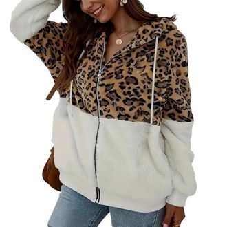 Generic 2025 Sweat &agrave; capuche dhiver en flanelle imprim&eacute; l&eacute;opard patchwork pour femmes, veste polaire surdimensionn&eacute;e pour femmes, v&ecirc;tements dhiver, blanc, L