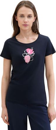 Tom Tailor Damen Basic T-Shirt mit Blumen Print, sky captain blue, XXL