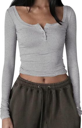 Minetom Damen T-Shirt Y2K Langarm Crop Top Sexy Oberteile Y2K Party Cropped Tee Shirts Teenage Aesthetic Mädchen Outfits U-Ausschnitt Langarmshirt Streetwear 