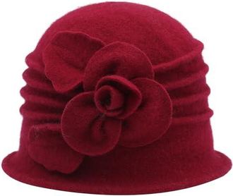 ZLYC Chapeau de bowler dhiver en laine pour femme - Style vintage des ann&eacute;es 1920, Rose/rouge, taille unique