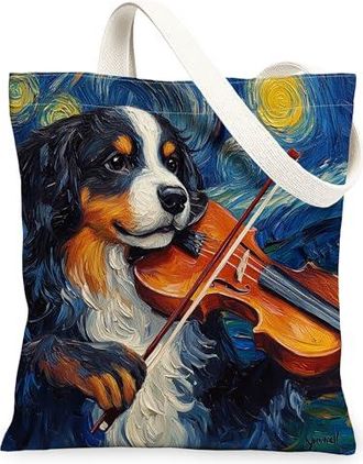 Generic Sac fourre-tout en toile motif chien de montagne bernois 33 x 38 cm, motif violon &eacute;toil&eacute;, sac d&eacute;picerie r&eacute;utilisable pour femme, animal domestique, ch