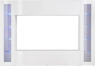 Dmora Ausgestattete Wand Luigi, 4-türiges TV-Ständer-Wohnzimmerset, Mehrzweck-Wohnzimmermöbel, 100 % Made in Italy, 260 x 30 x 180 cm, glänzend weiß, mit bl