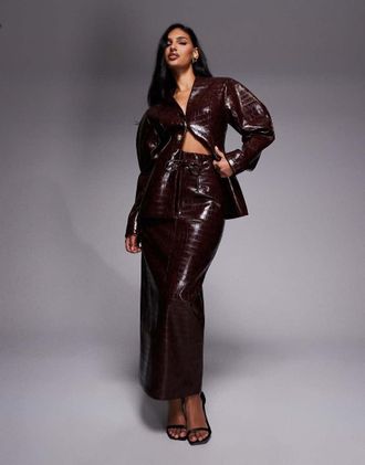 Asos Jupe mi-longue portefeuille densemble effet croco - Chocolat-Brown