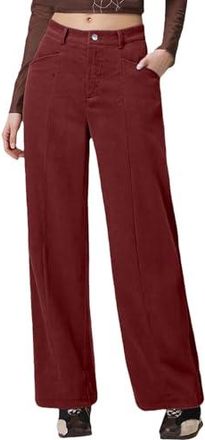 Generic Pantalon vintage en velours c&ocirc;tel&eacute; taille haute pour femme - Pantalon court avec poches - Coupe droite - Style d&eacute;contract&eacute; - Pour lhiver et le travail