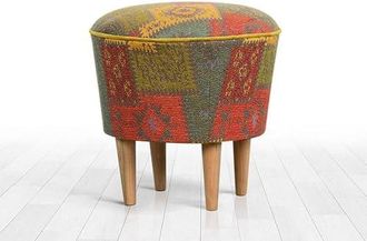 Atelier Del Sofa Bohemian Pouffe with Wooden Legs, 42 cm Height x 42 cm Depth | 100% Polyester, 6 cm Orthopedic Sponge | Rustic & Southwestern Patchwork Design