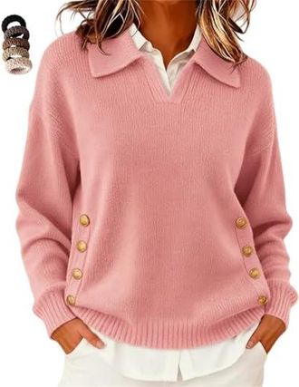 Generic Pull en tricot confortable avec boucle en m&eacute;tal pour femme - Col - Manches longues - Doux - Pour un usage quotidien, rose, 3XL