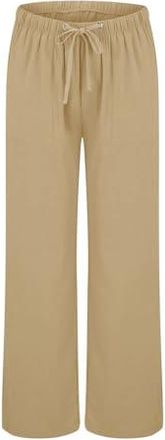 Generic Pantalon d&eacute;t&eacute; en lin pour femme - Pantalon d&eacute;contract&eacute; - Taille &eacute;lastique - Avec poches - Coupe ample - Jambe large - L&eacute;ger - Cordon de serrage, kaki,