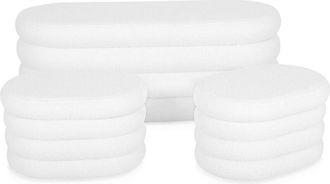 Sweeek Banc coffre en bouclettes avec 2 poufs ovales de rangement en bouclettes blanches intégrés - L111cm