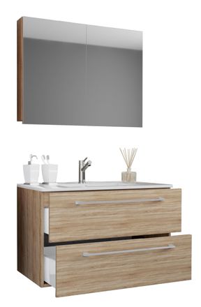 VCM 3-TLG. Waschplatz Waschtisch | Waschbecken Unterschrank Breite 80 cm | Badm&ouml;bel Set h&auml;ngend mit Zwei Schubladen Spiegelschrank | Badinos