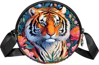 Generic Petit sac &agrave; bandouli&egrave;re rond pour femme, motif fleur de tigre, sac &agrave; dos avec fermeture &eacute;clair, bretelles r&eacute;glables, sac &agrave; main rond d&eacute;contract&eacute; pour 