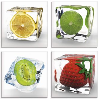 Artland ARTland Wanddeko Glasbilder Wandbild Glas Bild Set 4 teilig je Quadratisch Früchte im Eiswürfel Obst Frucht Zitrone Limette Kiwi Erdbeere S6MF