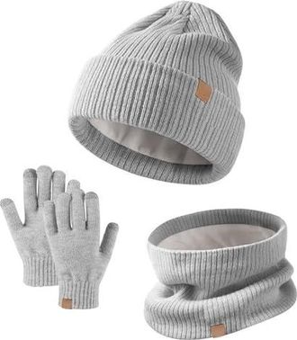 Generic Lot de 3 gants dhiver tricotés pour enfants avec bonnet, moufles tactiles, cache-cou pour garçons et filles de 5 à 14 ans, gris, Taille unique
