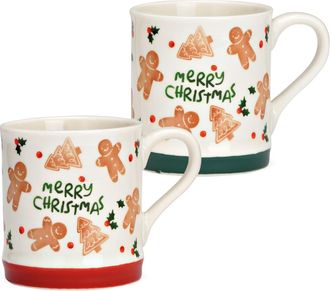 Matches 21 Weihnachtstassen Set aus Porzellan MERRY CHRISTMAS Spruch - 350 ml Kaffeetassen mit Lebkuchen Motiven in Rot und Gr&uuml;n &Oslash; 8 x 13 cm - Tassen ideal f&uuml;r K