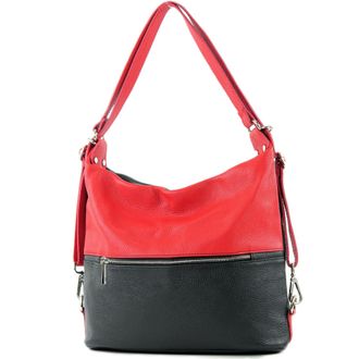 modamoda.de T189 Damen Leder Rucksack Damentasche 2in1 handmade in Italy, Farbe:Schwarz/Rot
