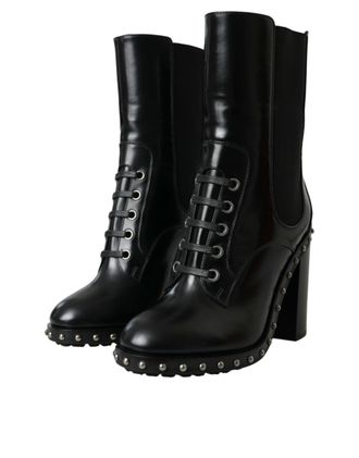 Dolce & Gabbana Womens Black Leather Studded Lace Up Boots Shoes