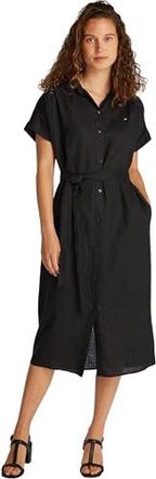 Tommy Hilfiger Robe-Chemise Femme Linen Belted Manches Courtes, Noir (Black), 38