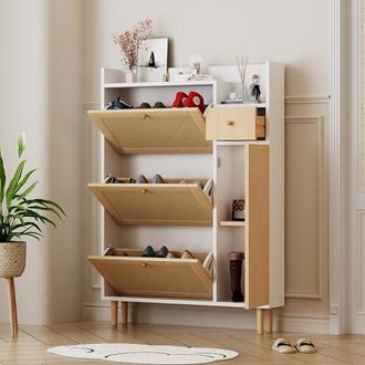 Merax Meuble &agrave; chaussures &eacute;troit en rotin avec 3 tiroirs rabattables et pieds en bois massif et poign&eacute;es (l x H x P) 90 x 125 x 17 cm (l x H x P) - Blanc + 