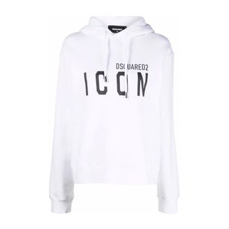 Dsquared2 Femme, Sweatshirts et sweats &agrave; capuche, Blanc, Taille: 38 FR Sweat &agrave; capuche en coton &agrave; imprim&eacute; Icon
