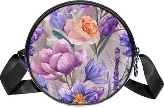 Generic Petit sac &agrave; bandouli&egrave;re circulaire pour femme, motif feuilles florales, sac &agrave; dos avec fermeture &eacute;clair, bretelles r&eacute;glables, sac &agrave; main rond d&eacute;contra