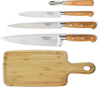 Sabatier Trompette Essentiel - Planche &agrave; d&eacute;couper, 3 couteaux de cuisine et 1 &eacute;plucheur