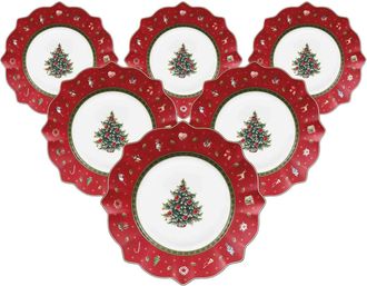 Villeroy & Boch Toys Delight Frühstücksteller 6er Set, 24 cm, Weihnachtsgeschirr, Plätzchen- und Keksteller für Weihnachten, Premium Porzellan, Rot