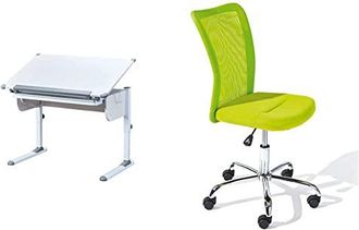 Inter Link SAS H&ouml;henverstellbarer Schreibtisch mit kippbarer Ablage, Wei&szlig;metall, 110x68x55-78 cm & B&uuml;rostuhl mit h&ouml;henverstellbaren R&auml;dern Sitz aus Kunstleder und Po