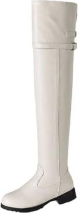 Generic Bottes hautes dhiver chaudes en cuir PU avec fermeture éclair et boucle pour femme, grande taille, beige, 42.5 EU