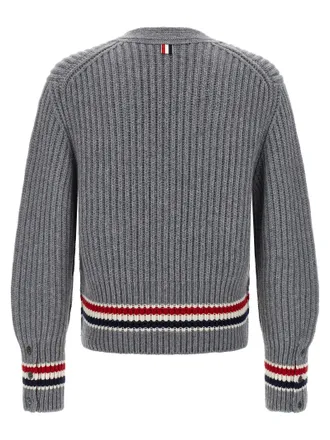 Thom Browne Ribbed Cashmere with RWB Stripe Cardigan - Grey