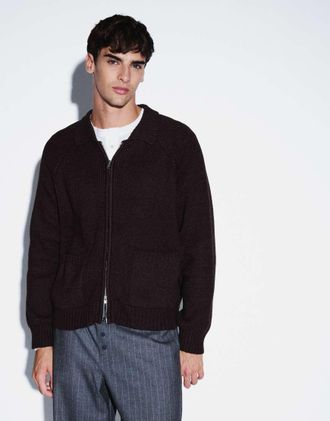 Cotton On Strick-Bomberjacke mit durchgehendem Rei&szlig;verschluss in Schokobraun