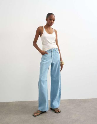 Topshop Barrel-Jeans in Bleach-Waschung mit Nadelstreifen und mittelhohem Bund-Blau