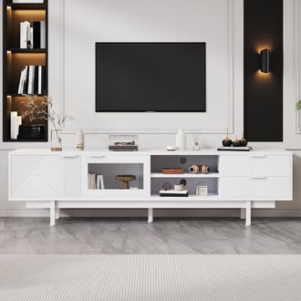 Generic TV Lowboard 200 cm Wei&szlig; TV Schrank f&uuml;r Fernseher bis 80 Zoll Modernes Gaming Sideboard mit Glast&uuml;r 2 Schubladen Low Board f&uuml;r Wohnzimmer B&uuml;ro Skandina