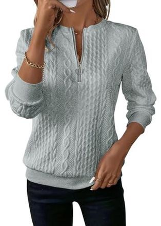 Onsoyours Sweatshirt Femme Col Rond Pullover avec Zipp&eacute; D&eacute;contract&eacute; Chic Manches Longues Shirt Doux L&acirc;che Mode Hauts Automne Hiver Tops Sport Streetwear A01 Gri