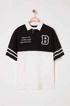 Trendyol MAN Jungen Schwarz Slogan Kurz Oversize Poloshirts