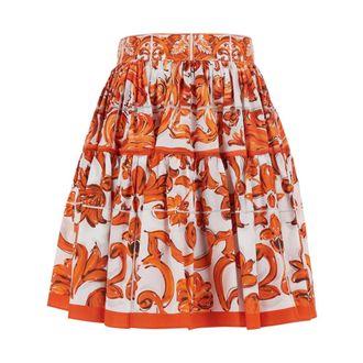 Dolce & Gabbana Femme, Jupes, Multicolore, Taille: 38 FR Mini-jupe orange avec imprim&eacute; Majolica all-over en coton pour femme
