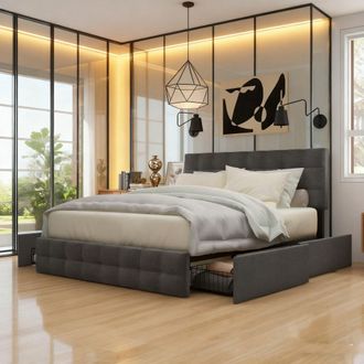 Generic Polsterbett 140x200 cm mit h&ouml;henverstellbarem Kopfteil & Federkernmatratze - Grau Leinen mit 4 Schubladen & Metalllattenrost - Doppelbett