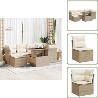 vidaXL The Living Store 7-tlg. Garten-Sofagarnitur mit Kissen Beige Poly Rattan - Terrassensofa