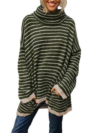 Generic Pull &agrave; col roul&eacute; ray&eacute; &agrave; manches longues pour femme, coupe d&eacute;contract&eacute;e, haut surdimensionn&eacute; en tricot c&ocirc;tel&eacute; avec poches - Noir - Taille L - Pour un u