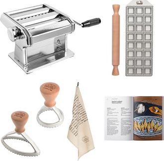 Marcato Nudel- und Ravioli-Zubereitungsset, Marcato Ampia 150 Nudelmaschine + Stempel für 24 Quadratische Ravioli (35 mm) + Nudelholz + Rundstempel + Ovalstem