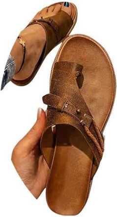Onsoyours Sandales Plates Femme Confortable PU Été Bout Ouvert Rome Chaussures Vintage Pantoufles de Plage Vacances dextérieur Slippers Tongs avec Boucle Marron