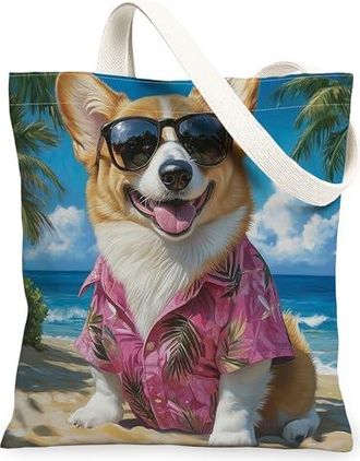 Generic Beach Corgi Sac fourre-tout en toile pour faire du shopping 33 x 38,1 cm, sac &agrave; bandouli&egrave;re r&eacute;utilisable pour femme, peinture danimaux domestiques, d&eacute;