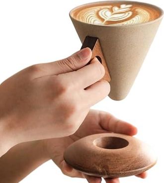 Generic Uozonit Tasse &agrave; caf&eacute; | 250 ml r&eacute;tro en forme de c&ocirc;ne avec poign&eacute;e en bois, tasse &agrave; th&eacute; en c&eacute;ramique, pour la maison, les voyages, No&euml;l, la Saint-Valen