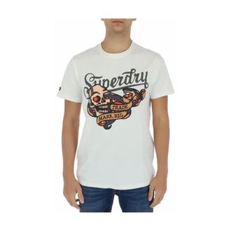 Superdry Homme, Tops, Blanc, Taille: 2XL T-shirt Blanc Imprimé avec Col Rond