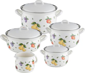 Riess 0547-068, Spar-Set 5-teilig, NOUVELLE - FRUIT GARDEN, bestehend aus: Fleischtopf mit Deckel 16, 18 und 20 cm, Kasserolle mit Deckel 20 cm und Schnabel