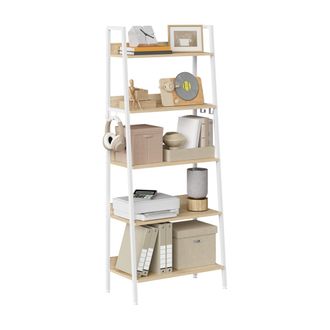 Woltu Bücherregal, Leiterregal mit 5 Ebenen, Standregal, Industrie Stil Regal mit Haken, Metallrahmen, für Wohnzimmer Arbeitszimmer Küche, Helle Eiche+Weiß,