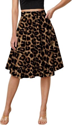 SOLY HUX Damen Leoparden Rock Elegant Kurz Faltenrock Knielang Freizeitrock A Linie Midirock Hohe Taille Partyrock Festival Outfit Leoparden XL