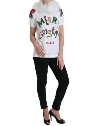 Dolce & Gabbana Womens White Cotton Christmas Sequin Fur T-Shirt